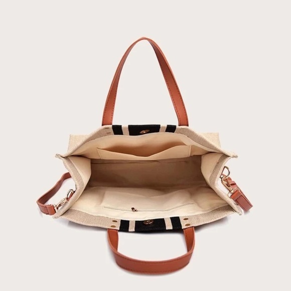 Bags | Striped Satchel Bag Neutral Tan Black Brown | Poshmark